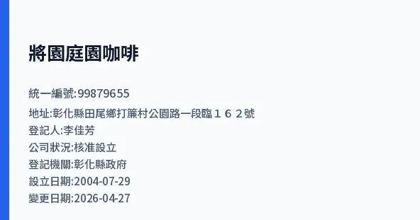 將園庭園咖啡的照片-統編 99879655(彰化縣) 公司登記資料與營業項目詳細圖表