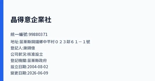 晶得意企業社的照片-統編 99880371(苗栗縣) 公司登記資料與營業項目詳細圖表