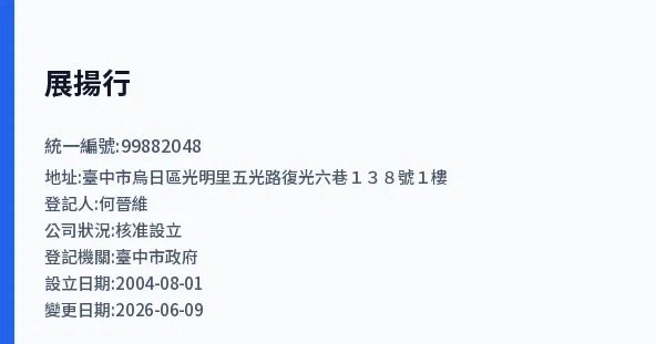 展揚行的照片-統編 99882048(臺中市) 公司登記資料與營業項目詳細圖表