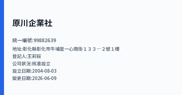 原川企業社的照片-統編 99882639(彰化縣) 公司登記資料與營業項目詳細圖表