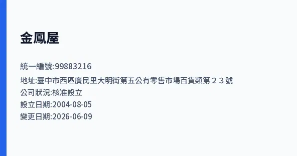 金鳳屋的照片-統編 99883216(臺中市) 公司登記資料與營業項目詳細圖表
