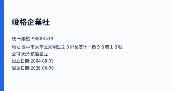 峻格企業社的照片-統編 99883519(臺中市) 公司登記資料與營業項目詳細圖表