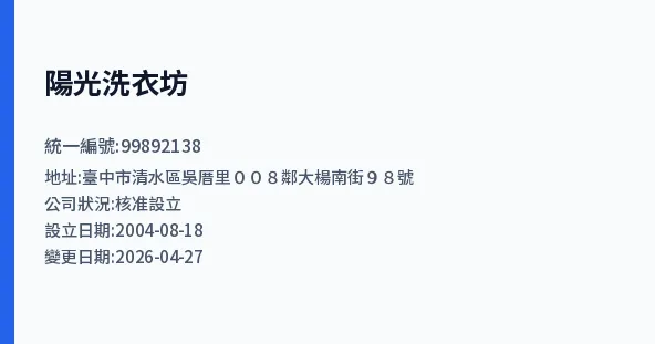 陽光洗衣坊的照片-統編 99892138(臺中市) 公司登記資料與營業項目詳細圖表