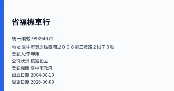省福機車行的照片-統編 99894972(臺中市) 公司登記資料與營業項目詳細圖表