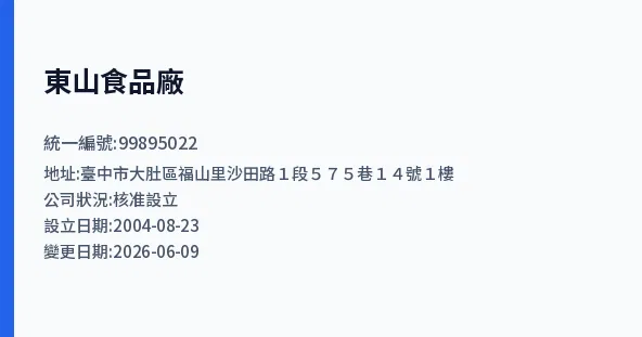 東山食品廠的照片-統編 99895022(臺中市) 公司登記資料與營業項目詳細圖表
