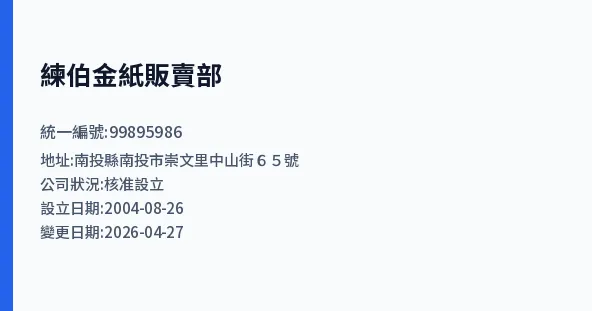 練伯金紙販賣部的照片-統編 99895986(南投縣) 公司登記資料與營業項目詳細圖表