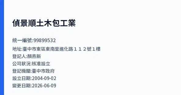 偵景順土木包工業的照片-統編 99899532(臺中市) 公司登記資料與營業項目詳細圖表