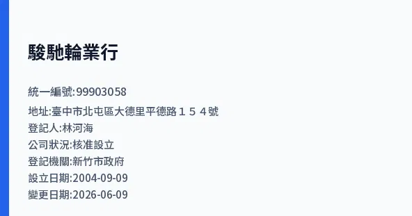 駿馳輪業行的照片-統編 99903058(臺中市) 公司登記資料與營業項目詳細圖表