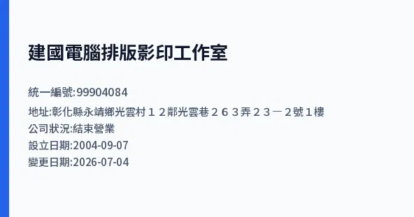 建國電腦排版影印工作室的照片-統編 99904084(彰化縣) 公司登記資料與營業項目詳細圖表