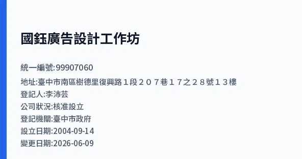 國鈺廣告設計工作坊的照片-統編 99907060(臺中市) 公司登記資料與營業項目詳細圖表