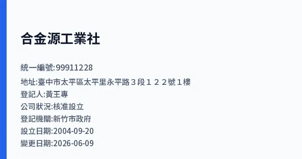 合金源工業社的照片-統編 99911228(臺中市) 公司登記資料與營業項目詳細圖表