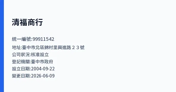 清福商行的照片-統編 99911542(臺中市) 公司登記資料與營業項目詳細圖表