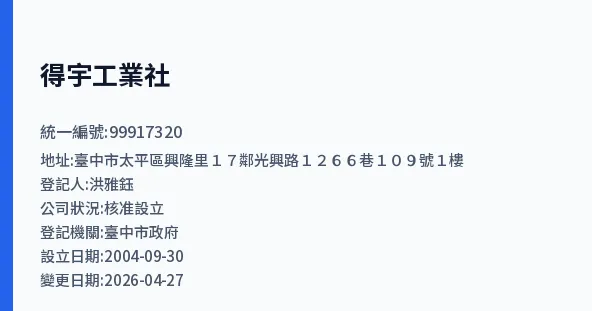 得宇工業社的照片-統編 99917320(臺中市) 公司登記資料與營業項目詳細圖表