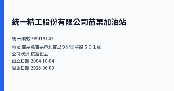 統一精工股份有限公司苗栗加油站的照片-統編 99919143(苗栗縣) 公司登記資料與營業項目詳細圖表