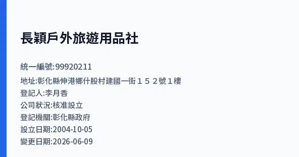 長穎戶外旅遊用品社的照片-統編 99920211(彰化縣) 公司登記資料與營業項目詳細圖表