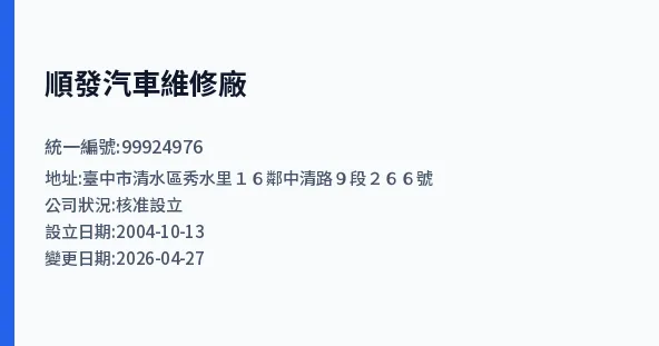 順發汽車維修廠的照片-統編 99924976(臺中市) 公司登記資料與營業項目詳細圖表