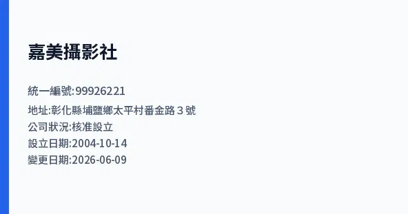 嘉美攝影社的照片-統編 99926221(彰化縣) 公司登記資料與營業項目詳細圖表
