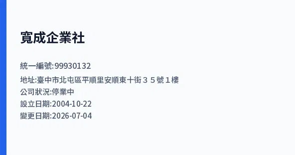 寬成企業社的照片-統編 99930132(臺中市) 公司登記資料與營業項目詳細圖表