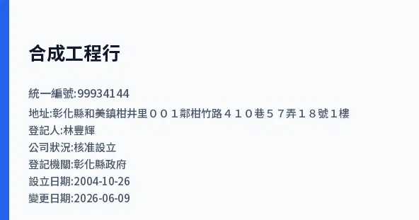 合成工程行的照片-統編 99934144(彰化縣) 公司登記資料與營業項目詳細圖表