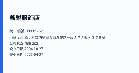 鑫銳服飾店的照片-統編 99935262(彰化縣) 公司登記資料與營業項目詳細圖表
