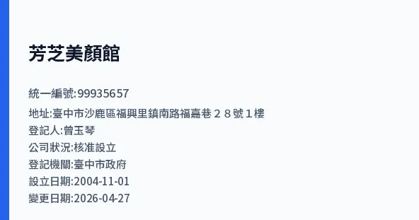 芳芝美顏館的照片-統編 99935657(臺中市) 公司登記資料與營業項目詳細圖表
