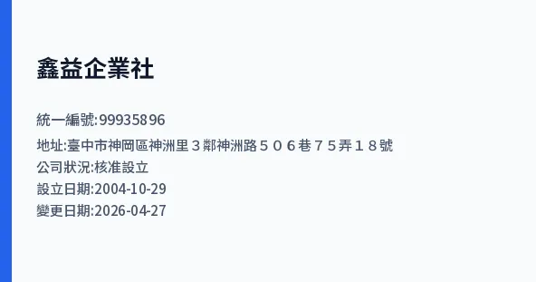 鑫益企業社的照片-統編 99935896(臺中市) 公司登記資料與營業項目詳細圖表