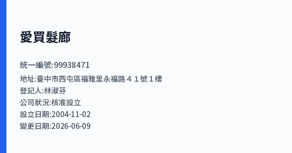 愛買髮廊的照片-統編 99938471(臺中市) 公司登記資料與營業項目詳細圖表