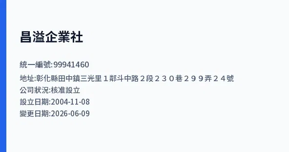昌溢企業社的照片-統編 99941460(彰化縣) 公司登記資料與營業項目詳細圖表