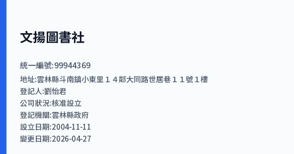文揚圖書社的照片-統編 99944369(雲林縣) 公司登記資料與營業項目詳細圖表