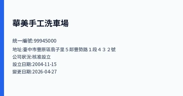 華美手工洗車場的照片-統編 99945000(臺中市) 公司登記資料與營業項目詳細圖表