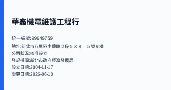 華鑫機電維護工程行的照片-統編 99949759(新北市) 公司登記資料與營業項目詳細圖表