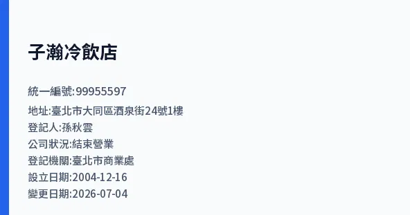 子瀚冷飲店的照片-統編 99955597(臺北市) 公司登記資料與營業項目詳細圖表