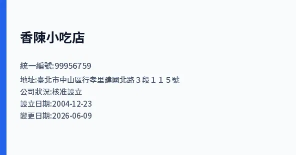 香陳小吃店的照片-統編 99956759(臺北市) 公司登記資料與營業項目詳細圖表
