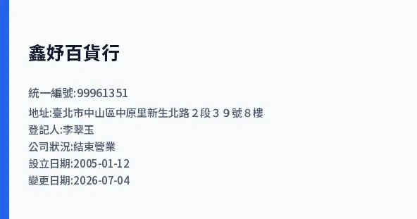 鑫妤百貨行的照片-統編 99961351(臺北市) 公司登記資料與營業項目詳細圖表