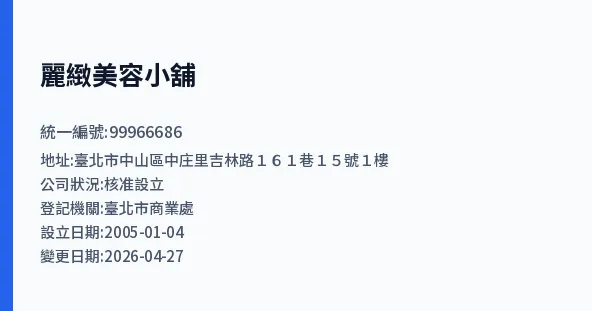 麗緻美容小舖的照片-統編 99966686(臺北市) 公司登記資料與營業項目詳細圖表