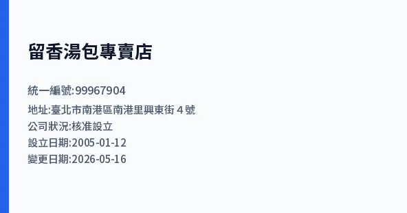 留香湯包專賣店的照片-統編 99967904(臺北市) 公司登記資料與營業項目詳細圖表