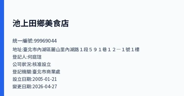 池上田鄉美食店的照片-統編 99969044(臺北市) 公司登記資料與營業項目詳細圖表