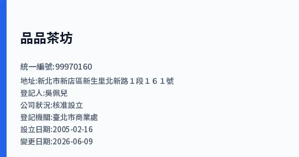 品品茶坊的照片-統編 99970160(新北市) 公司登記資料與營業項目詳細圖表