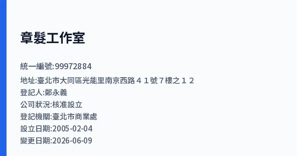 章髮工作室的照片-統編 99972884(臺北市) 公司登記資料與營業項目詳細圖表