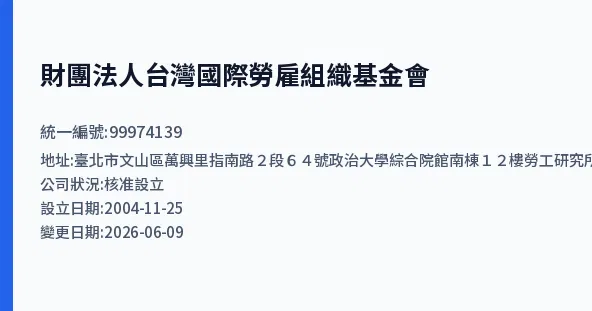 財團法人台灣國際勞雇組織基金會的照片-統編 99974139(臺北市) 公司登記資料與營業項目詳細圖表