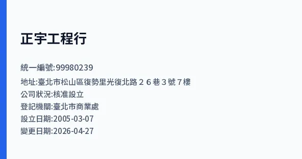 正宇工程行的照片-統編 99980239(臺北市) 公司登記資料與營業項目詳細圖表