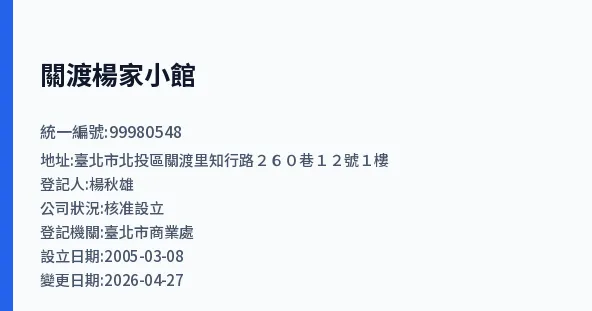 關渡楊家小館的照片-統編 99980548(臺北市) 公司登記資料與營業項目詳細圖表