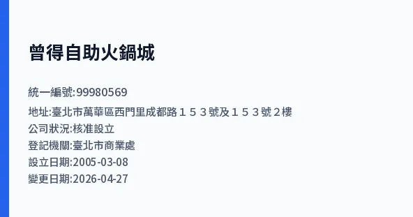 曾得自助火鍋城的照片-統編 99980569(臺北市) 公司登記資料與營業項目詳細圖表