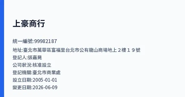 上豪商行的照片-統編 99982187(臺北市) 公司登記資料與營業項目詳細圖表