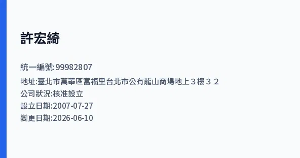許宏綺的照片-統編 99982807(臺北市) 公司登記資料與營業項目詳細圖表