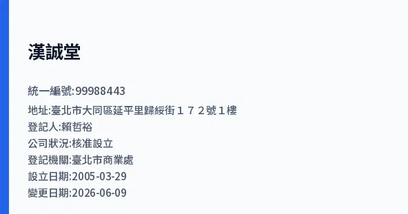 漢誠堂的照片-統編 99988443(臺北市) 公司登記資料與營業項目詳細圖表