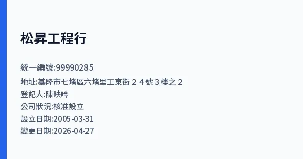 松昇工程行的照片-統編 99990285(基隆市) 公司登記資料與營業項目詳細圖表