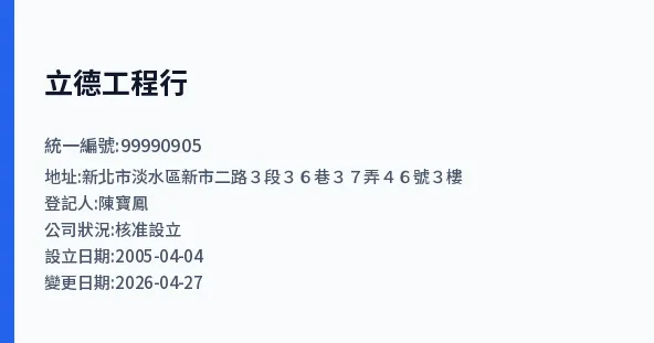 立德工程行的照片-統編 99990905(新北市) 公司登記資料與營業項目詳細圖表