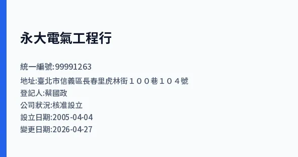 永大電氣工程行的照片-統編 99991263(臺北市) 公司登記資料與營業項目詳細圖表