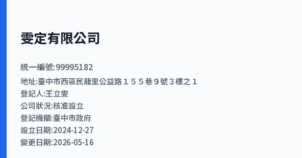 雯定有限公司的照片-統編 99995182(臺中市) 公司登記資料與營業項目詳細圖表